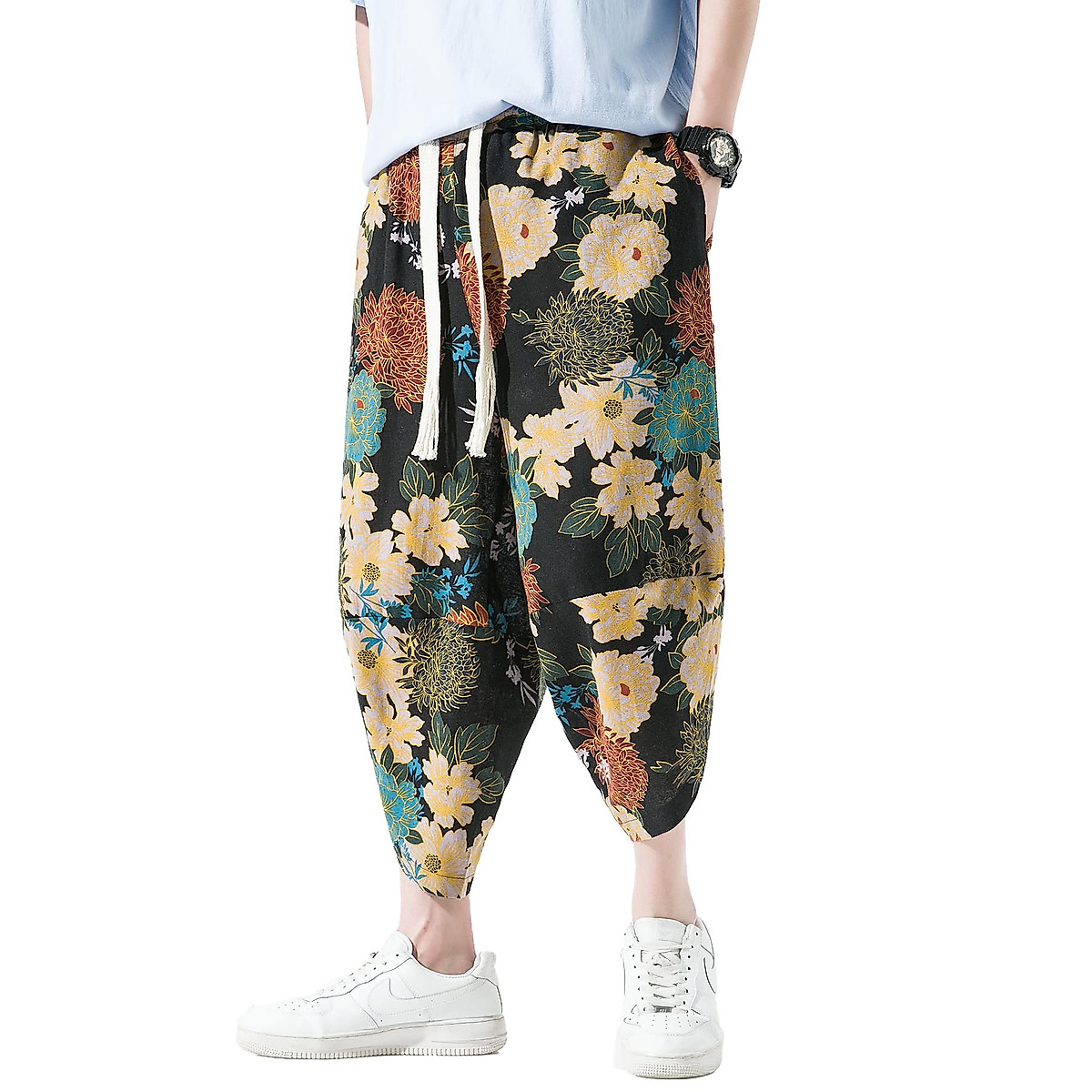 DOSLAVIDA Men's Casual Elastic Waist Linen Capri Pants Wide Leg Baggy Cotton Harem Yoga Trousers Loose Patchwork Shorts