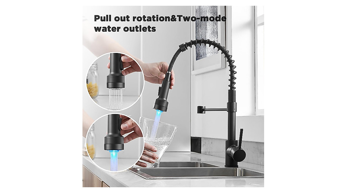 WOTOKOL Black Kitchen Faucet | Pull Down Sprayer & LED Light