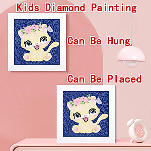 Miairivy Diamond Painting for Kids, 5D Animal Diamond Art Mini Small Kit(with Wooden Frame), DIY Cute Cat Big Gem Painting Set, Paint by Diamonds Crafts for Girls Boys Ages 4-12