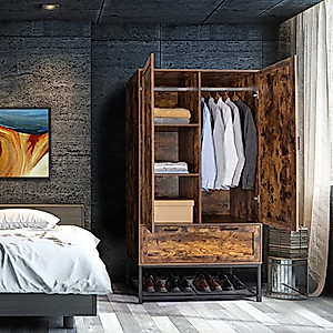 VINGLI Armoire, Wardrobe Closet with Hanging Rod, Bedroom 71" Freestanding Wardrobe Cabinet with Doors, Adjustable Shelves and Drawer, Open Compartment, Rustic Brown