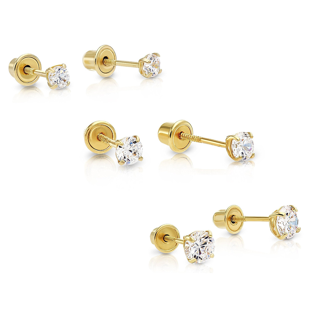 14k Gold Solitaire Round Cubic Zirconia Stud 3 Pair Earring Set (3mm, 4mm, 5mm) (yellow-gold)