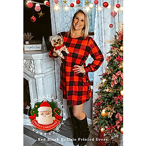 Glanzition Plaid Dress for Women Christmas Knee Length Tunic Dresses Red L