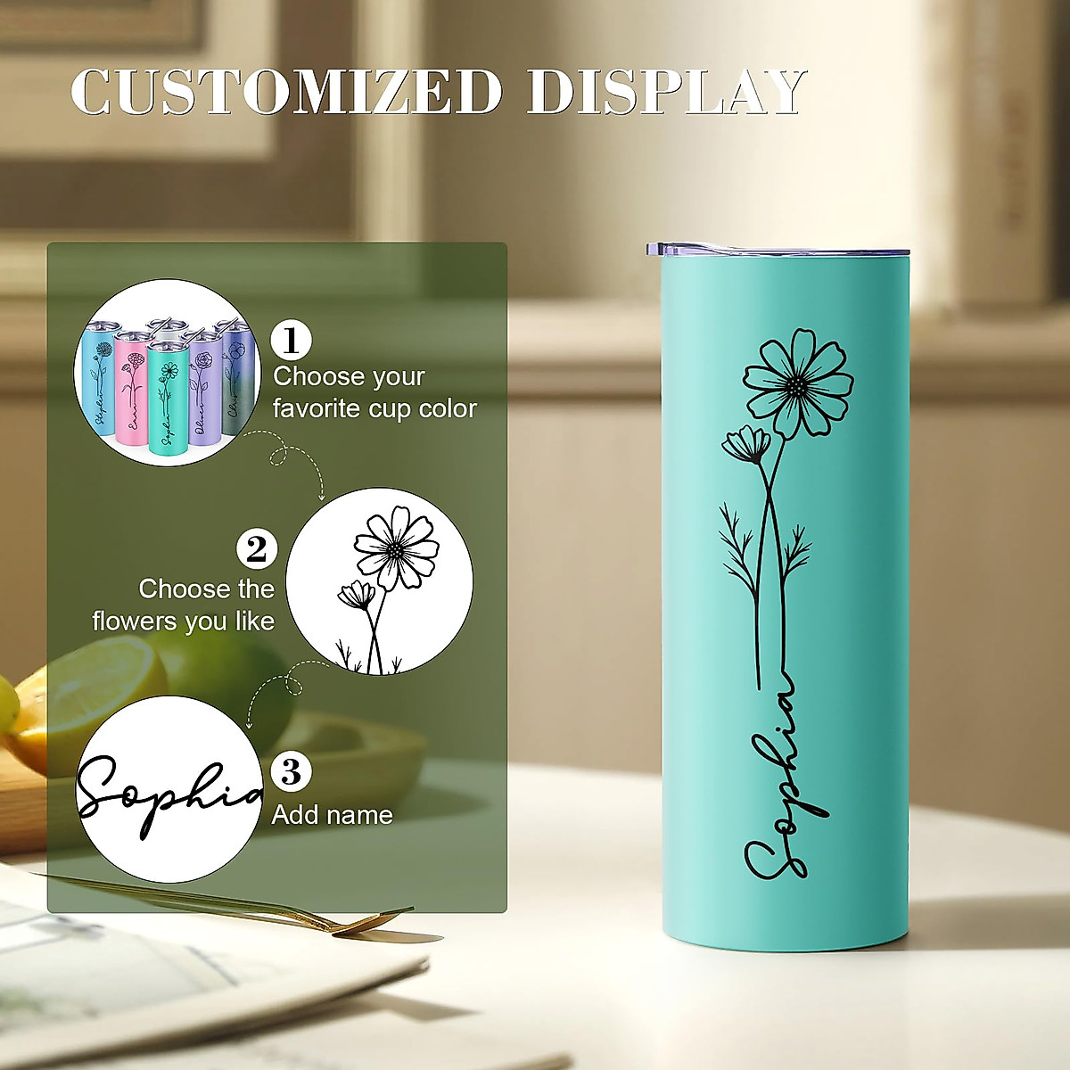 UNIGIFTIME Personalized Birth Flower Tumbler Cup with Name, Custom Skinny Tumbler with Lid and Straw 20oz Stainless Steel Coffee Tumbler Personalized Birthday Gifts and Mothers Day Gifts for Women