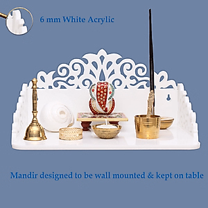 Heartily : Wall Mounted White Cast Acrylic Home Pooja Temple Mandir Puja Room Items Stand Home Decor Office Chowki Shelf Hanging Product (Height- 6.25, Length- 12 , Width-9.0 Inch) (White)