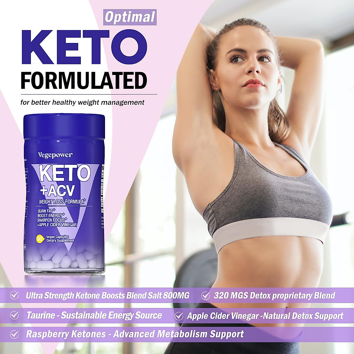 VEGEPOWER Keto Pills Apple Cider Vinegar Weight Loss Fat Burner Ketosis Diet Support Boost Energy Ketones Supplement with ACV for Women Men 90 Capsules