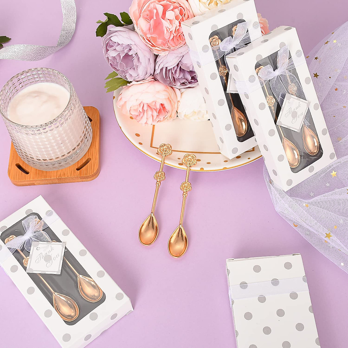 32 Pcs (16 Packs) Rose Flower Shape Drinking&Coffee Spoon Teaspoons for Wedding Gift Tea Party Souvenir or Bridal Shower Favors for Guests with Individual Package