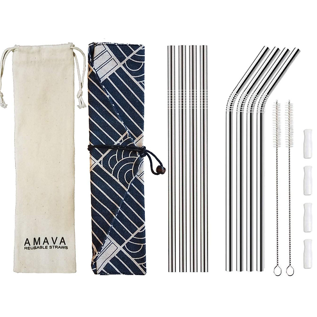 Reusable Straws Set, Stainless Steel Metal with Silicone Tips, Silver, Includes 8 Straws, Silicone Straw Tips + 2 Cleaning Brushes, and 2 Travel Pouches, Draw String Bag and Wrap Bag by AMAVA