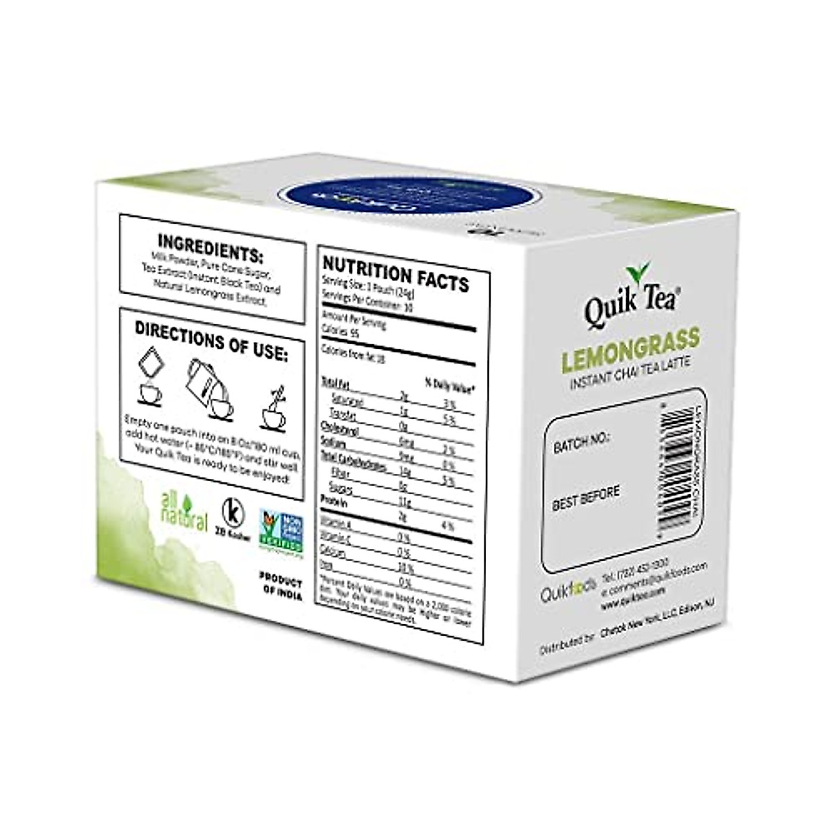 QuikTea Lemongrass Chai Tea Latte - 10 Count Single Box - All Natural Preservative Free Authentic Chai from Assam