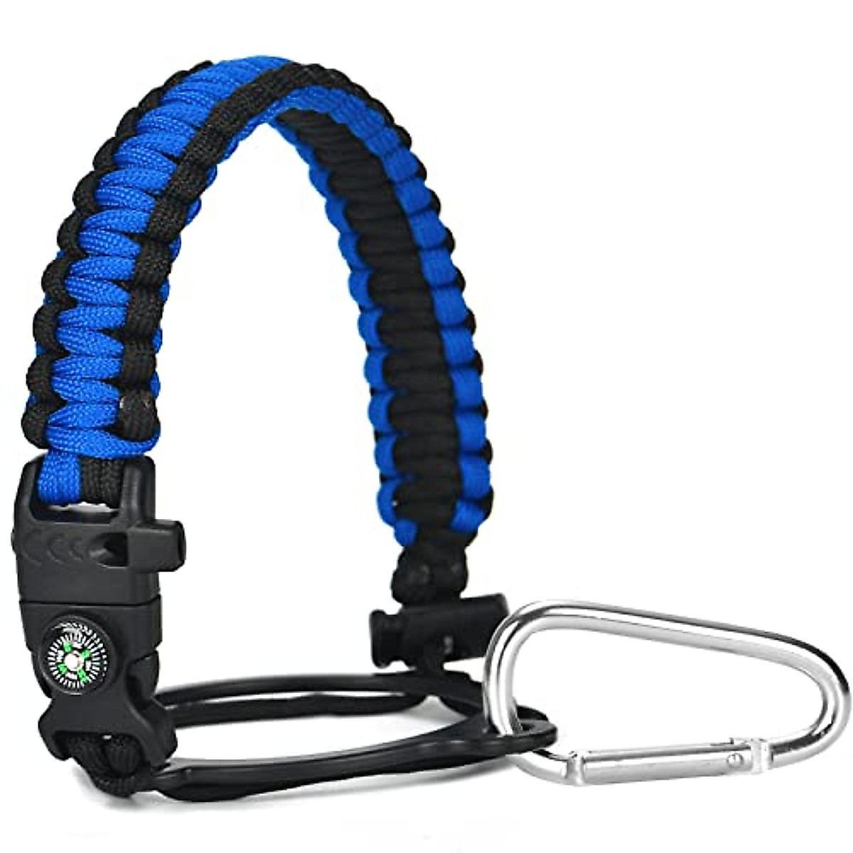 WEREWOLVES Paracord Handle - Fits Wide Mouth Bottles 12oz to 64oz - Durable Carrier, Paracord Carrier Strap Cord with Safety Ring,Compass and Carabiner - Ideal Water Bottle Handle Strap (Black/Blue)