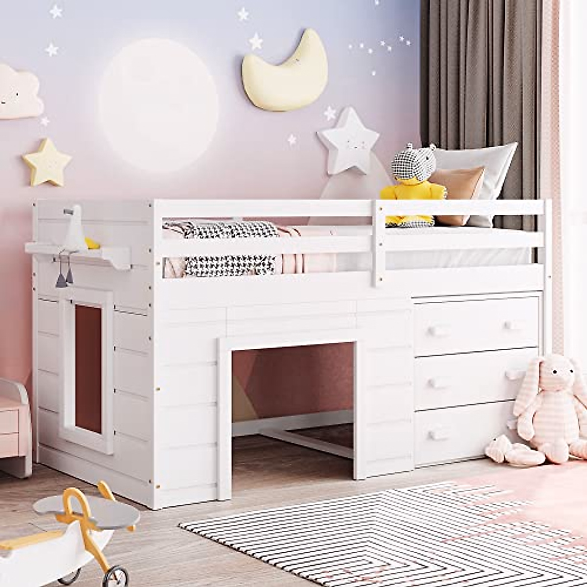RORIGAT Twin Size Loft Bed with Storage Shelf and Cabinet, Wooden Low Loftbed Frame for Kids Boys Girls Bedroom Dorm, White