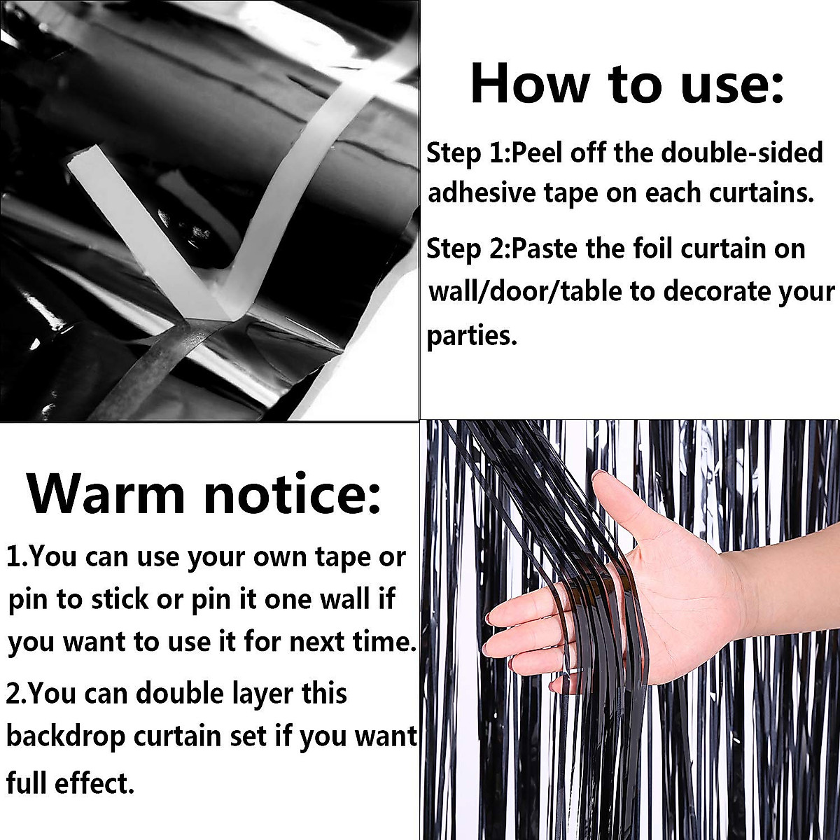 Black Fringe Party Backdrop -6.5x6.5ft, Pack of 2 | LILF Black Foil Fringe Curtain Black Backdrop for Party Birthday Photobooth Props Metallic Black Tinsel Streamers for Graduation Parties Decoration