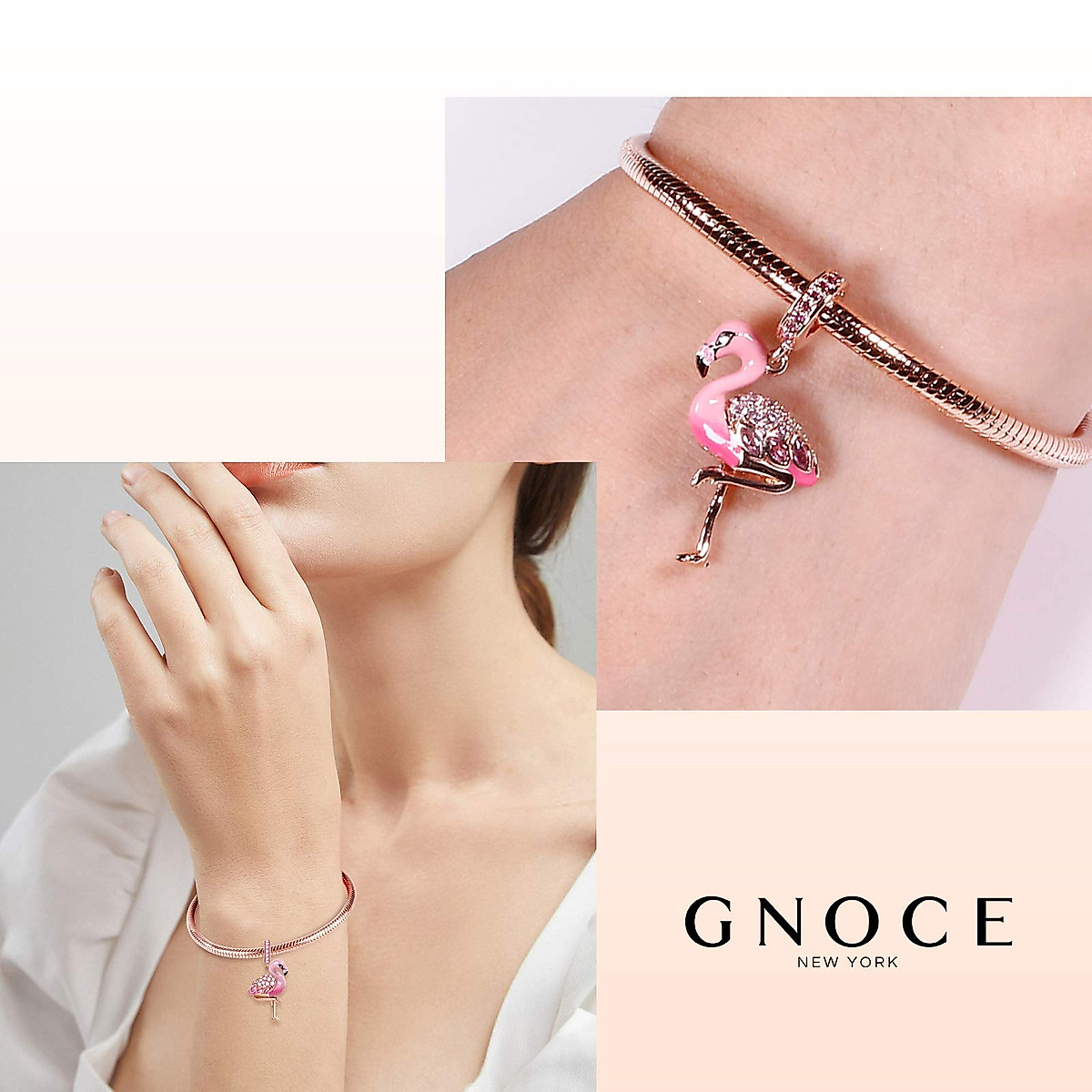 GNOCE Flamingo Dangle Charm 925 Sterling Silver 18K Pink Pendant Charms Bead For Bracelet/Necklace Rose Gold Plated For Women Mother's Day