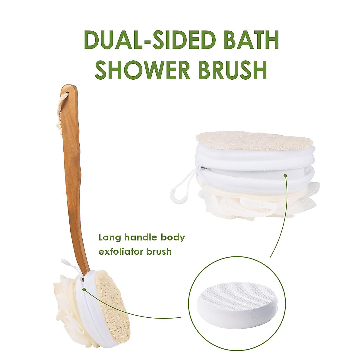 Shower Body Scrubber with Curved Long Handle, Dual-Sided Brush with Soft Mesh and Natural Loofah for Skin Exfoliating, Back Body Exfoliator for Bath