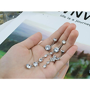 HQLA 14G Dangle Belly Button Rings butterfly/Round Clear CZ Navel Curved Barbell Studs Surgical Steel Sexy Body Piercing 3 Pcs A Set (Steel)