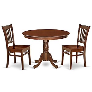 East West Furniture HLGR3-MAH-W 3 Piece Modern Dining Table Set Contains a Round Wooden Table with Pedestal and 2 Kitchen Dining Chairs, 42x42 Inch, Mahogany
