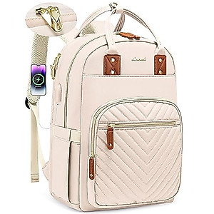 LOVEVOOK Quilted Backpack for Women, 15.6 Inch Computer Bag, Stylish Travel Backpack Purse Notebook with USB Port Waterproof Casual Daypack Large Bags for Daily Work, Beige