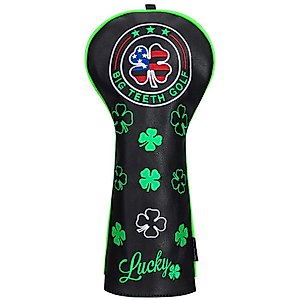 BIG TEETH Golf Head Covers Driver Hybrid Fairway Cover Golf Club Protector Lucky Clover and USA Pattern Black (Driver Cover)