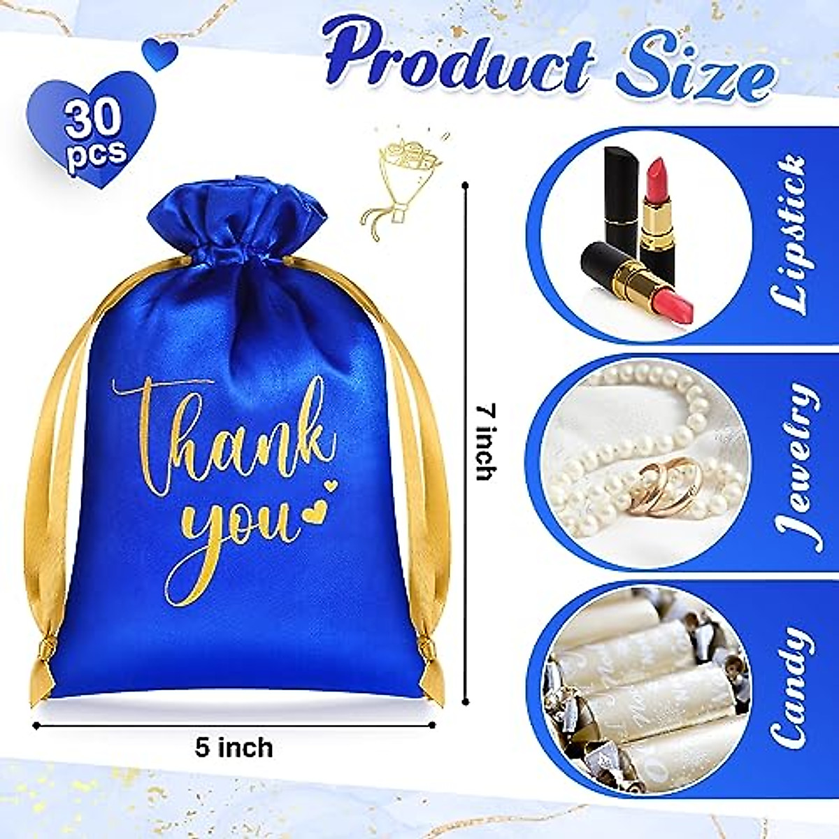 30 Pcs Thank You Satin Gift Bags 5 x 7 Inches Drawstring Jewelry Pouches Small Satin Candy Bags for Guest Wedding Birthday Baby Shower Business Party Favors Bags (Royal Blue)