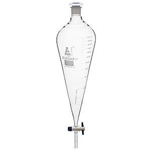 EISCO Squibb Separating Funnel, 2000ml - 29/32 Plastic Stopper, PTFE Key Stopcock, Graduated - Borosilicate Glass