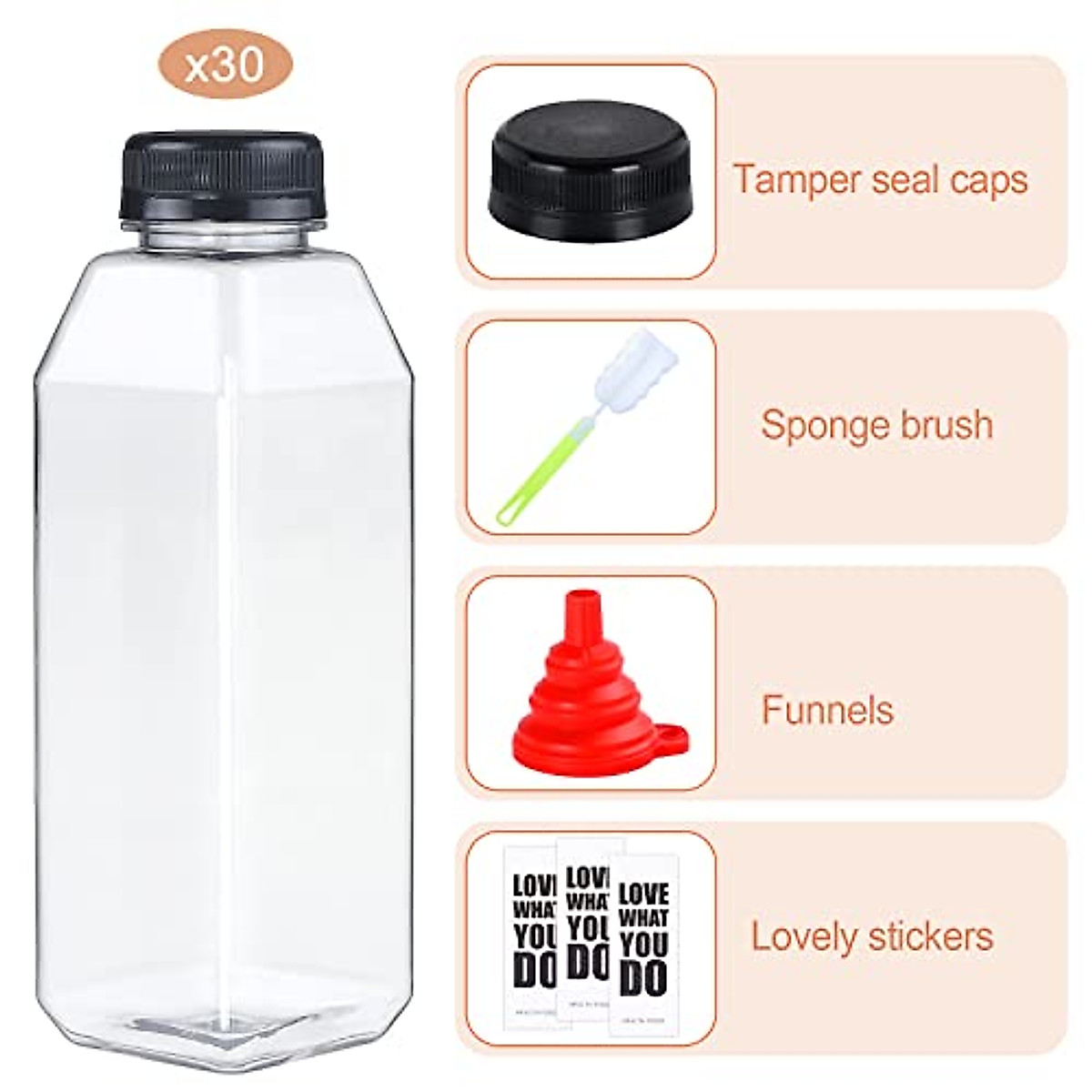 Fhxtcygj Juice Container with Lids, 16oz Plastic Bottles with Caps, 30pcs Empty Plastic Juice Bottles Reusable Clear Bulk Beverage Containers with Tamper Evident Cap for Milk, Smoothie, Drinks