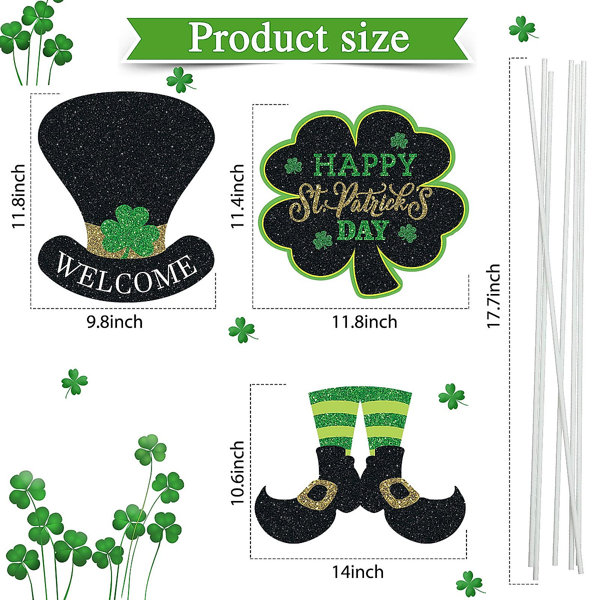 3 Pieces St. Patrick's Day Yard Signs with Stakes, St. Patrick's Day Clover Signs Outdoor Lawn Decorations Irish Leprechaun Horseshoe Shamrock with Happy St Patrick's Day Sign with Stakes