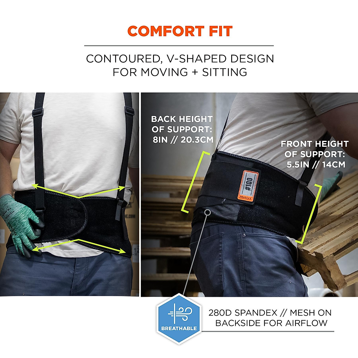 Ergodyne ProFlex 100 Back Support Brace, 8" Spandex Belt, Adjustable, Removeable Straps