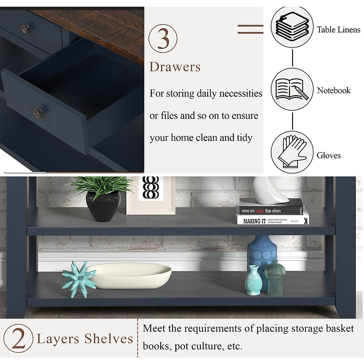 YWUFUART 48 Inch Solid Wood-Console Table-Sofa Table-Storage Cabinet with 3 Drawers and 2 Shelves for Entryway Hallway Living Room (Blue)