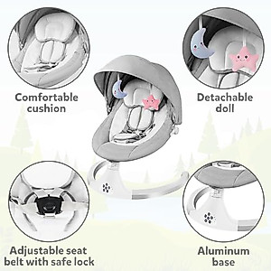 Baby to Toddler Cradle, Portable Rocker Swing for Newborn Boys and Girls, Indoor and Outdoor use, 5 Swing speeds, 5-Point Safety Harness, Foldable, Gray.