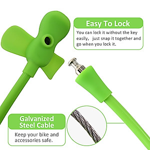 WOOQOTT Cable Lock Bike Cable Lock with Keys,Silicone Covered Bike Lock Kids Cable Lock Cartoon Lock,Lock for Bike,Door,Skateboard,Helmet and More Green
