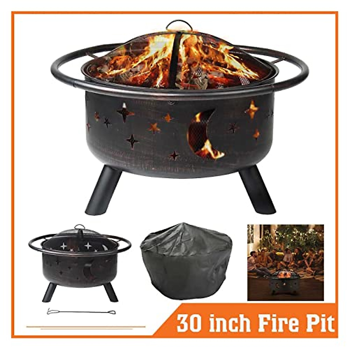 LIUXUEFE Outdoor Fire Pit, 30-inch wo-od-Burning Steel Grill, Fire Pit Bowl with Mesh Fire Pits, Fireplace Suitable for Backyard Camping and Picnic