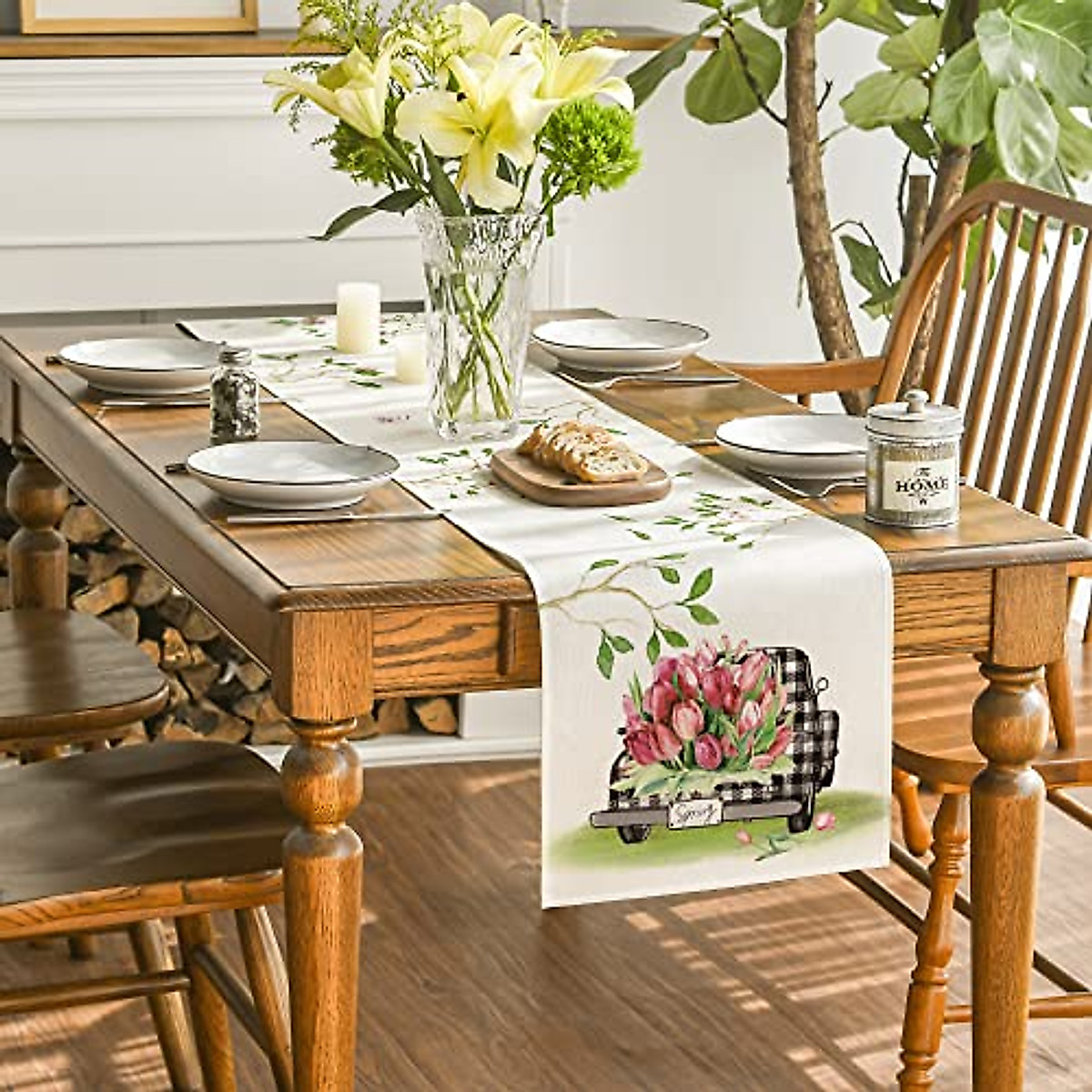 Artoid Mode Tulip Buffalo Plaid Truck Spring Table Runner, Summer Seasonal Anniversary Holiday Kitchen Dining Table Decoration for Indoor Outdoor Home Party Decor 13 x 72 Inch