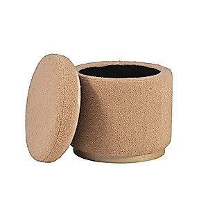 Linon Lexington Tan Sherpa Round Storage Ottoman with Wood Accent