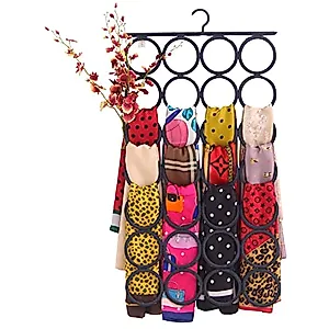 KLEAFS -Handmade Scarf Hangers for Closet Organization, Space-Saving Scarf Organizer, Hanger Scarf for Hijab Organizer, Classic Lifestyle for Belt, Tie or Accessories for Men (Black - 28 Rings)