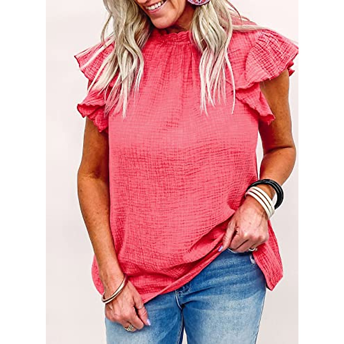 Dokotoo 2023 Stylish Ladies Tops and Blouses Solid Cotton Causal Crewneck Smocked Ruffle Short Sleeve Shirts Comfy Loose Fit Tunic Summer Sexy Tops for Women Rose M