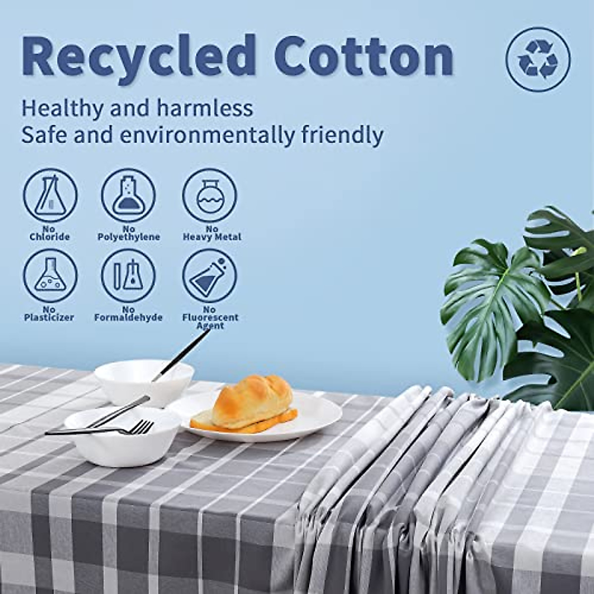 QUILTINA Waterproof Table Cloth for Kitchen Dining, Rustic Tablecloth of Recycled Cotton, Simple Style Large 60"x84" Rectangle Handcrafted Tablecloth is Anti-Fading, Wrinkle Free & Washable, Grey Grid