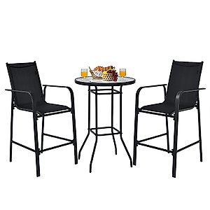 Tangkula 3 Pieces Outdoor Patio Bar Set, Outdoor Bistro Set with 2 Bar Stools and 1 Tempered Glass Bar Table, Bar Height Patio Table and Stools Set for Backyard, Garden, Lawn (Black)