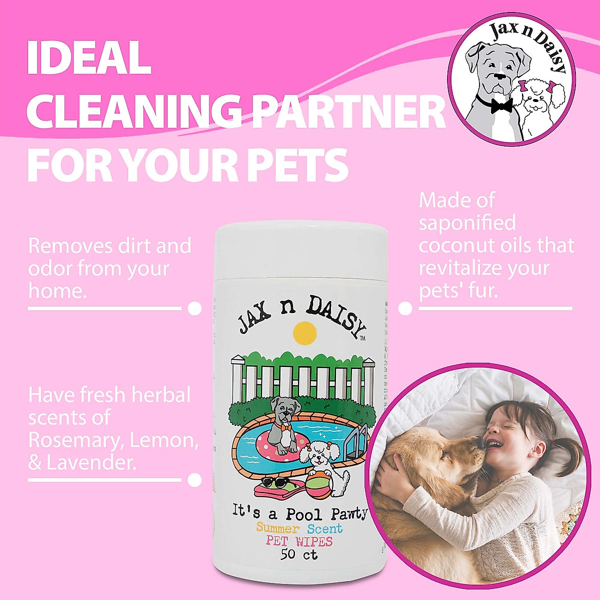 Jax N Daisy Pool Pawty Summer Scent Pet Wipes - Cat & Dog Wipes, Handy Pet Supplies, Cleaning Products for Dogs & Cats, Dog Accessories, Products for Cats, Cat & Dog Ear Cleaner, Cat & Dog Supplies
