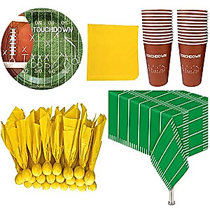 Island Genius Football Themed Party Supplies and Decorations - 24 Party Cups, 24 Paper Dinner Plates, 24 Penalty Flag Paper Napkins, 24 Yellow Paper Napkins, 1 Plastic Tablecloth
