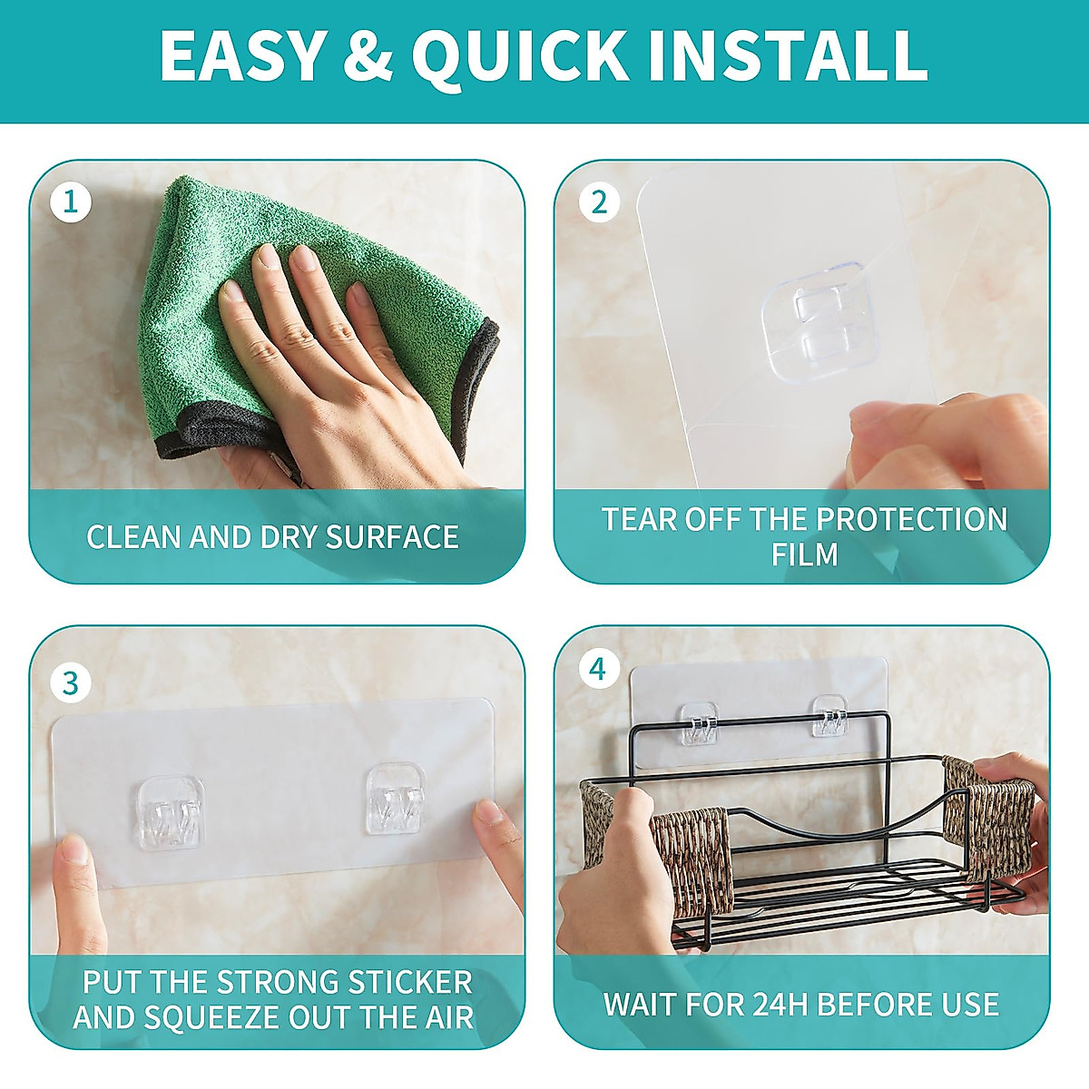 KINBEAR Shower Shelf Caddy Adhesive, Rustproof Shower Shelves for Inside Shower 2 Pack Bathroom Organizer Shampoo Holder for Shower Wall No Driling with Upgrade Sticker - Weaved Rattan Gray