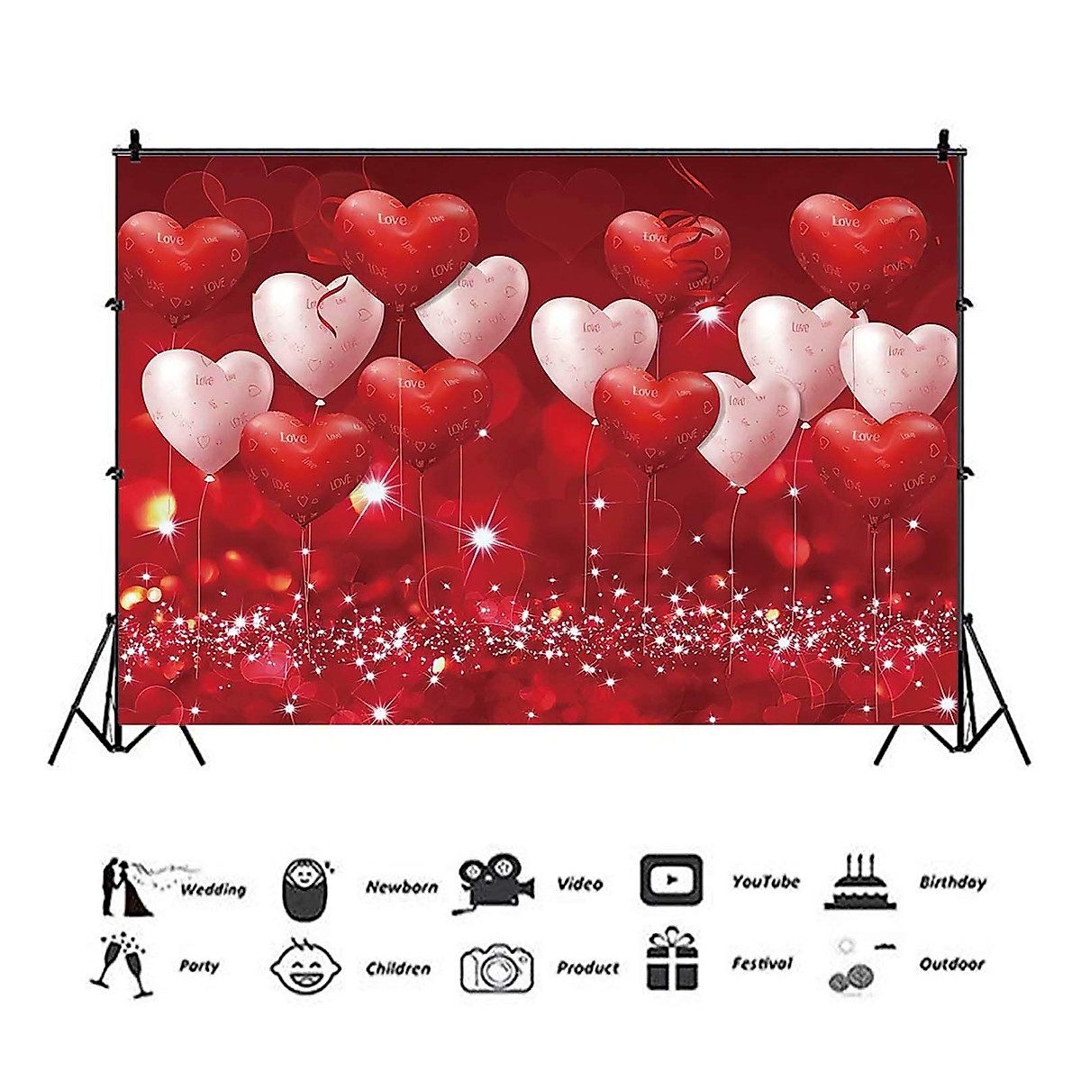 Red Hearts Balloons Love Valentine's Day Theme Photography Backdrops 7x5ft Wedding Anniversary Wedding Bridal Shower Mother's Day Photo Background Couple Studio Portrait Pictures Shoot Props Vinyl