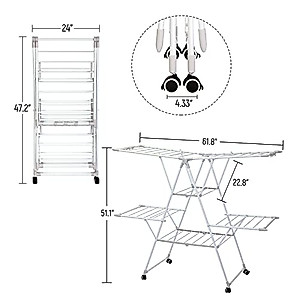 YUBELLES 61.81 * 22.84 * 51.18in Clothes Drying Rack, Gullwing Space-Saving Laundry Rack, Space Saving Laundry Drying Rack, Easy Storage Laundry Indoor and Outdoor Use