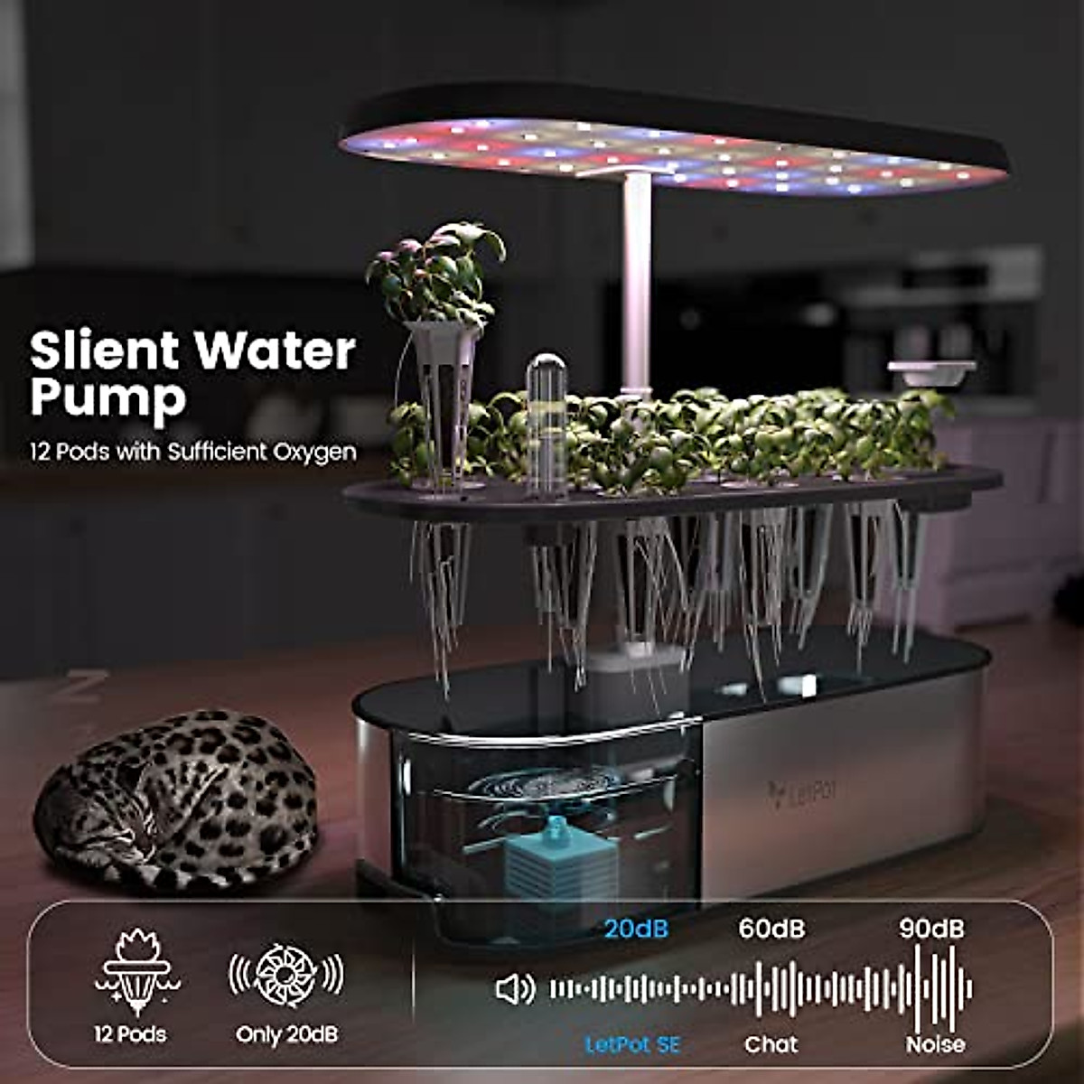 LetPot LPH-SE Hydroponics Growing System, 12 Pods Smart Herb Garden Kit Indoor, Indoor Garden, APP & WiFi Controlled, with 24W Growing LED, 5.5L Water Tank, Pump System, Automatic Timer