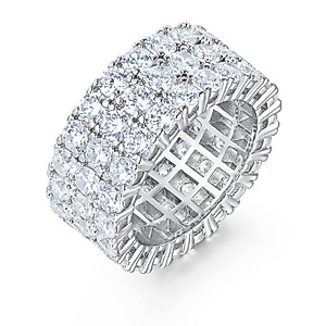 Gemsme 3 Row Cubic Zirconia Ring, 14K White Gold 3 Row Cubic Zirconia Eternity Statement Ring for Women (White Gold Plated, 7)