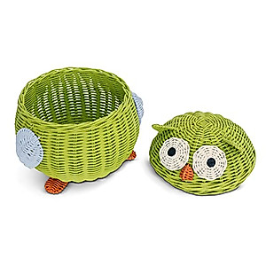 G6 COLLECTION Owl Rattan Storage Basket With Lid Decorative Bin Home Decor Hand Woven Shelf Organizer Cute Handmade Handcrafted Nursery Gift Animal Decoration Artwork Wicker Hoot Owl (Large, Green)