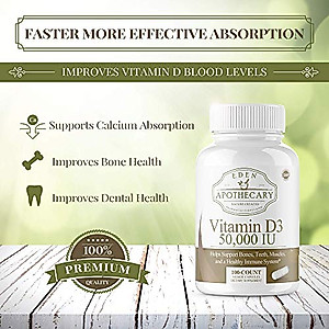 Vitamin D3 50,000 IU units for Bones Teeth Muscles and Immune System - High Potency Dose Vit D Vegetarian Approved Health Supplement - Pharmacist created and approved - 100 count