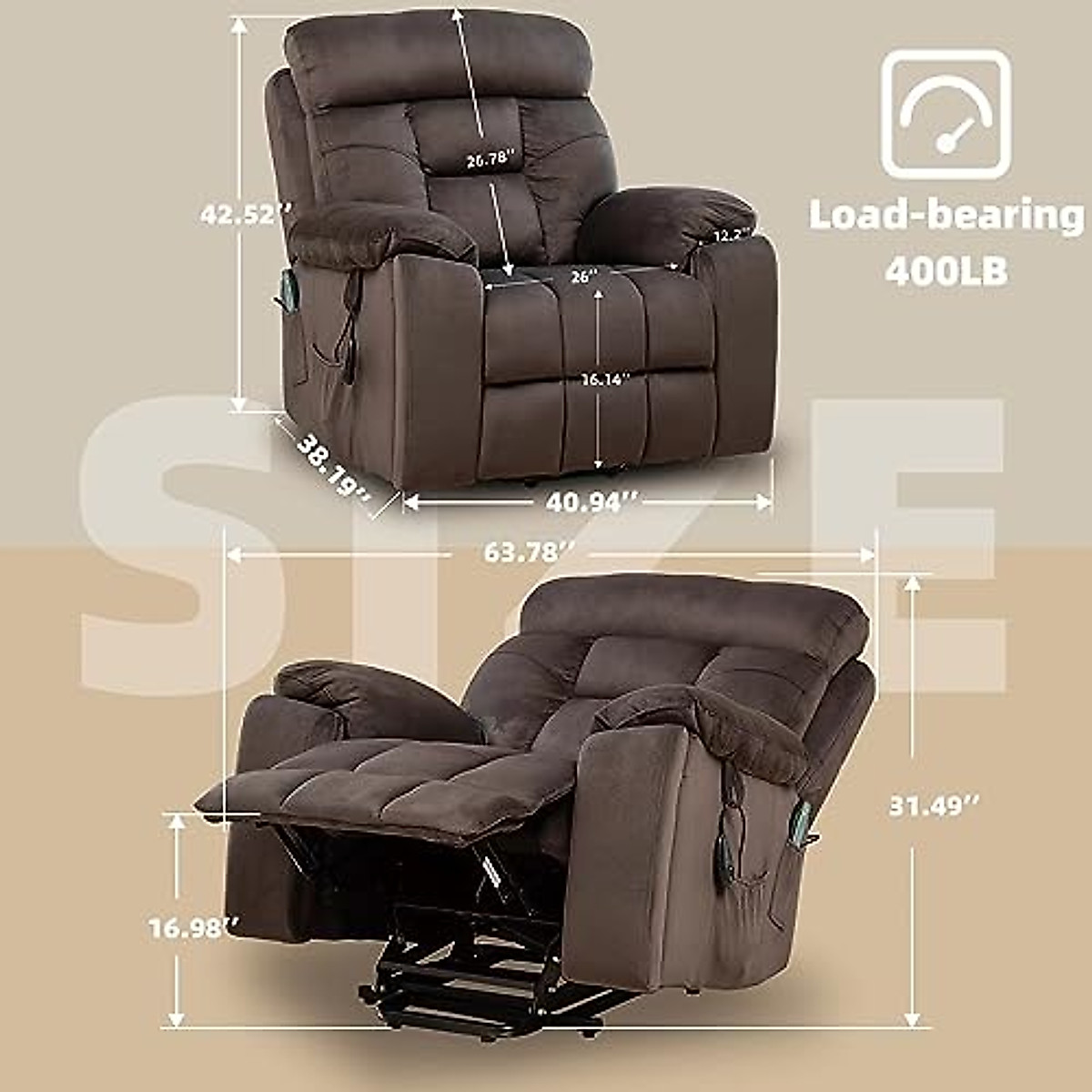 Cobplns 26in Extra Wide Recliner Chair-Living Room Chair，Ultimate Comfortable Goose Down Massage Chair, 400 lbs of Weight-Bearing Power Lift Recliners for Elderly（Dark Brown）