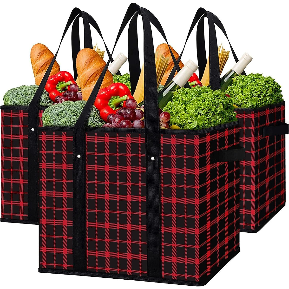 WISELIFE Reusable Grocery Bags 3 Pack,Large Grocery Tote Bag Water Resistant Shopping Bags Foldable Grocery Bag for Clothes,Shoes and Picnic,Red