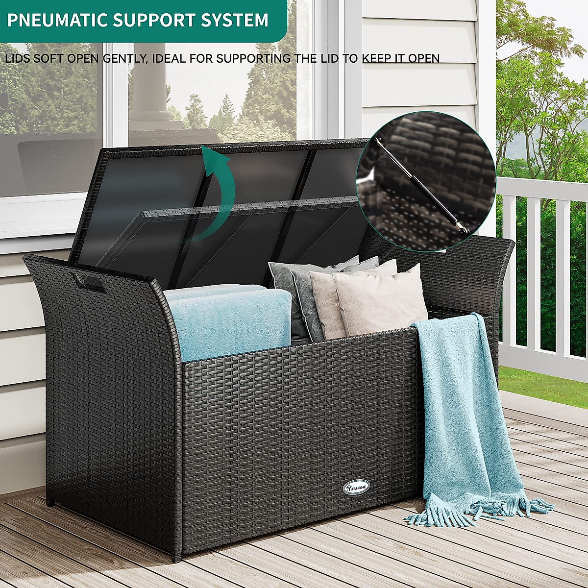 YITAHOME 90 Gallon Outdoor Wicker Storage Bench w/Cushion, Large PE Rattan Deck Storage Box w/Handles & Hydraulics for Patio Furniture, Cushions, Garden Tools, Pool & Sports Equipment, Black&Grey