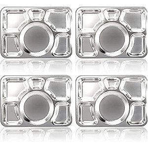 Hacaroa 4 Pack Stainless Steel Divided Dinner Plates, 15x10.6 Inches Snack Serving Plate with 6 Compartment, Metal Food Trays for Adults, Diet Food Portion Control, Picky Eaters