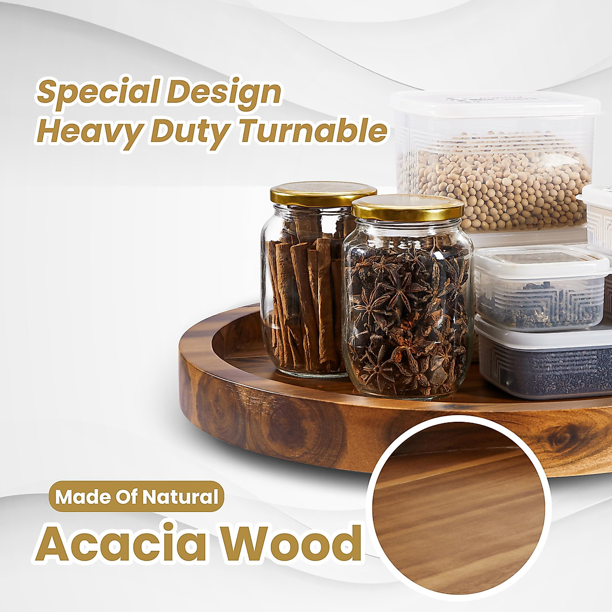 TIDITA 18" Acacia Lazy Susan Organizer for Table - Wooden Lazy Susan Turntable for Cabinet - Kitchen Turntable Storage Food Bins Container for Pantry, Countertop (Acacia Wood)